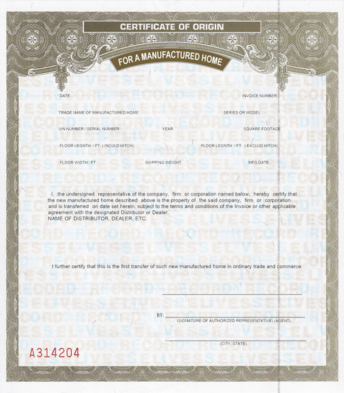 Manufactured Home Certificates of Origin MCOs