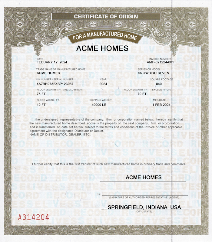 Manufactured Home Certificates of Origin MCOs