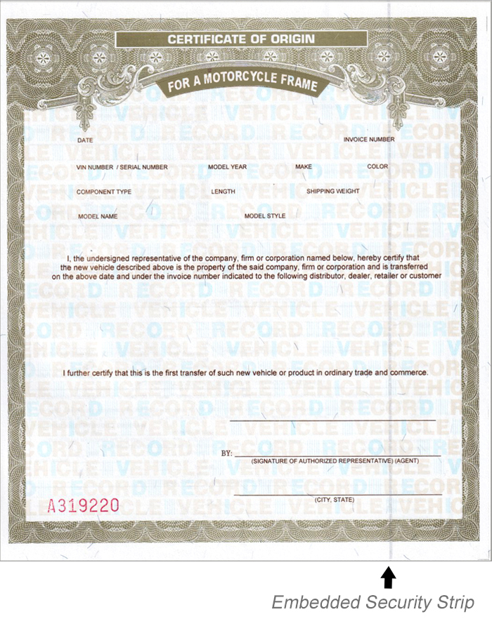 Motorcycle Frame MCOs Certificates of Origin
