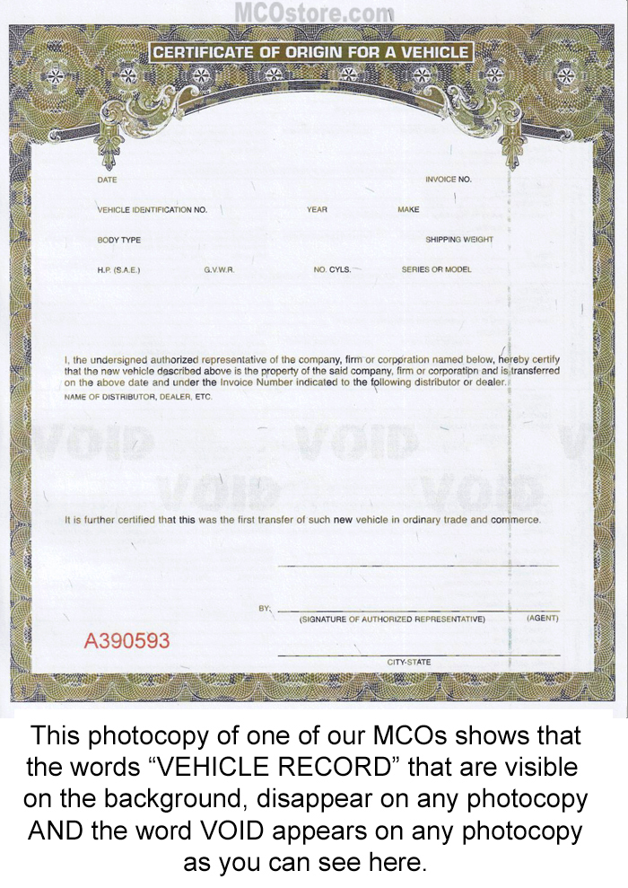 STANDARD VEHICLE MCO FORMS